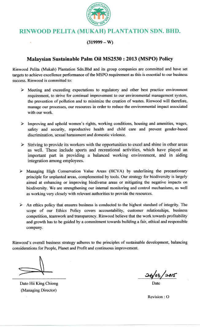 Sustainability – Rinwood Pelita ( Mukah ) Plantation Sdn.Bhd.
